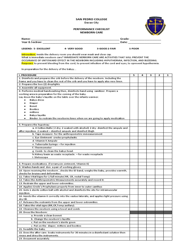Newborn Care Performance Checklist | PDF | Medical Specialties ...