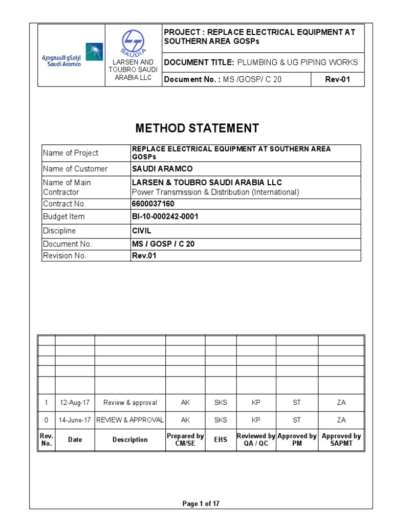 Method Statement: Plumbing & Ug Piping Works | PDF | Leak | Pipe (Fluid ...