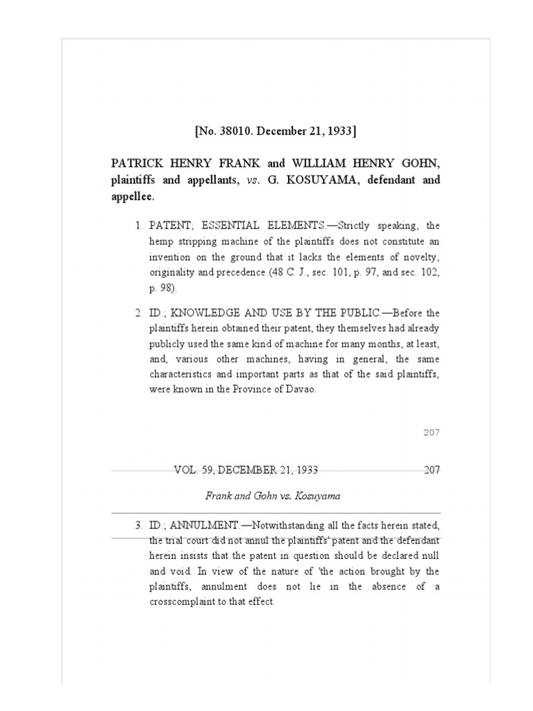 (No. 38010. December 21, 1933) Patrick Henry Frank and William Henry ...