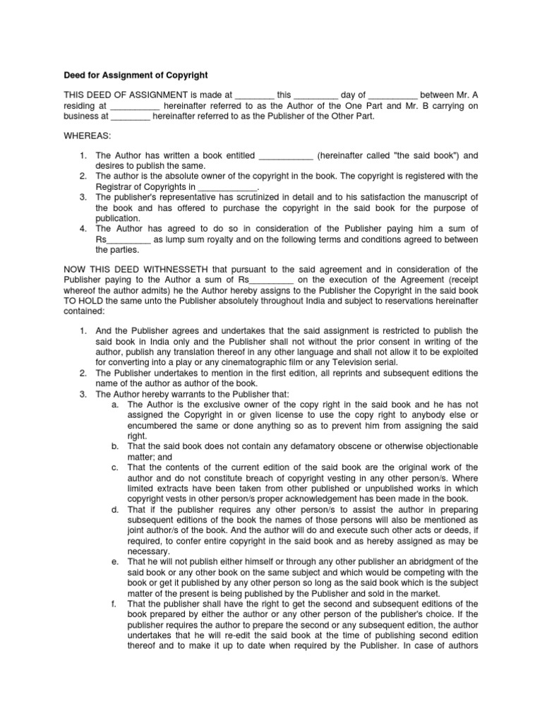 Copyright Assignment Deed Template | PDF | Copyright | Breach Of Contract