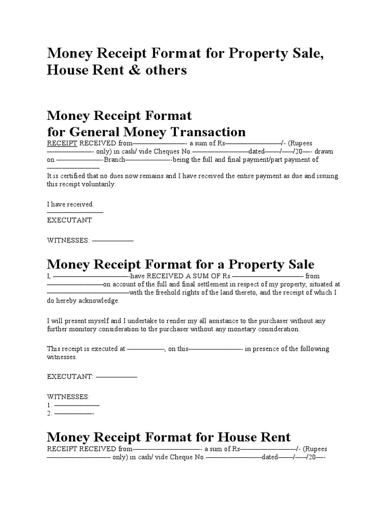 Money Receipt Format For Property Sale | PDF