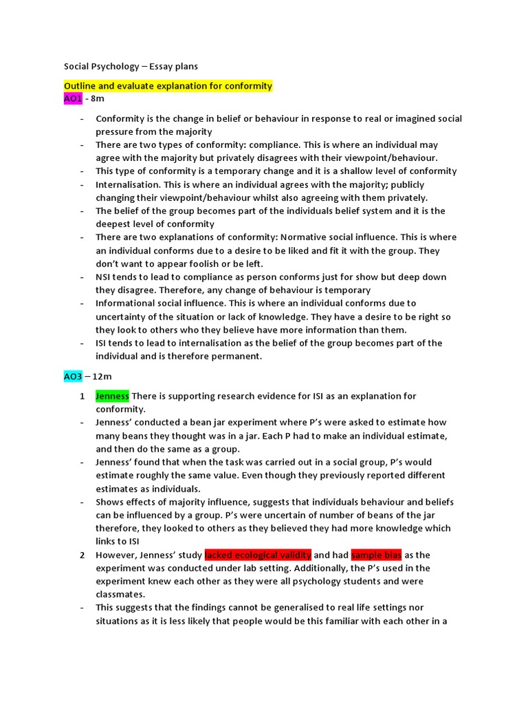 Social Psychology - Essay Plans | PDF | Obedience (Human Behavior ...