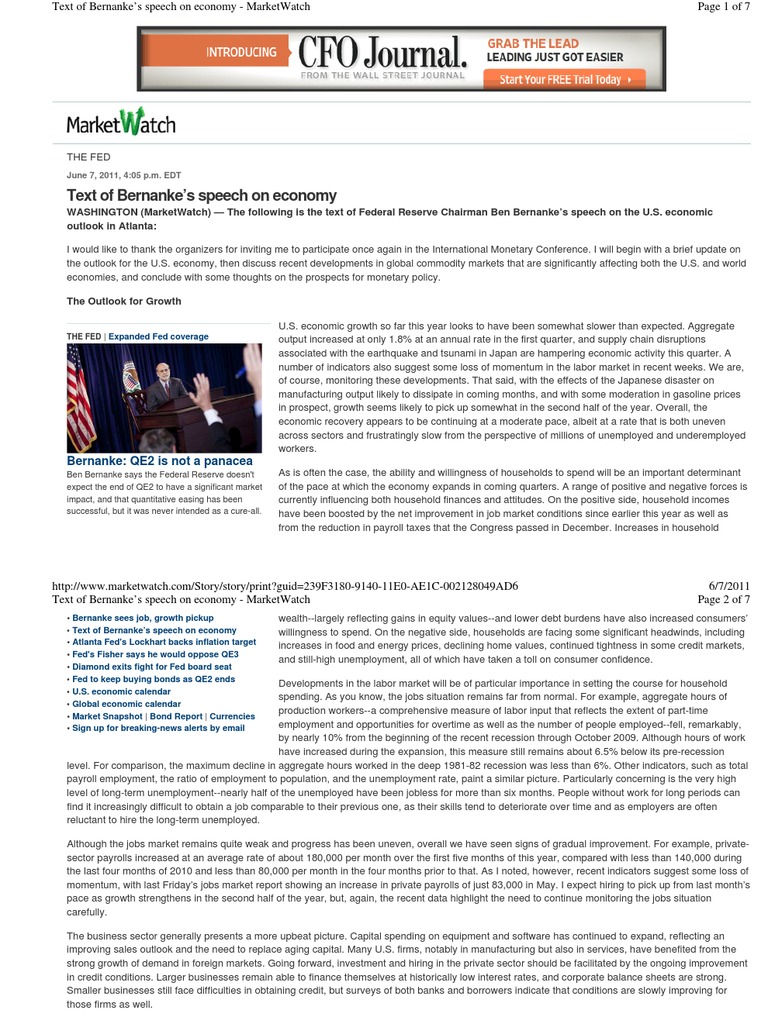Bernanke's Speech On Economy | PDF | Inflation | Monetary Policy