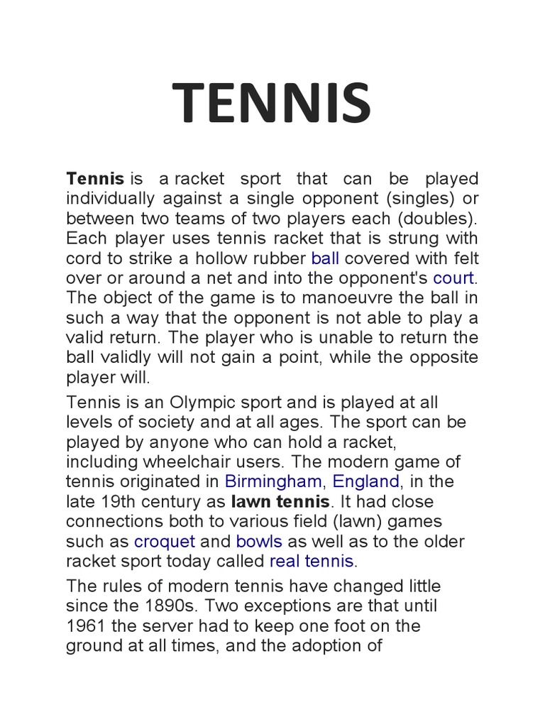 Tennis: Tennis Is A Racket Sport That Can Be Played | PDF | Athletic ...