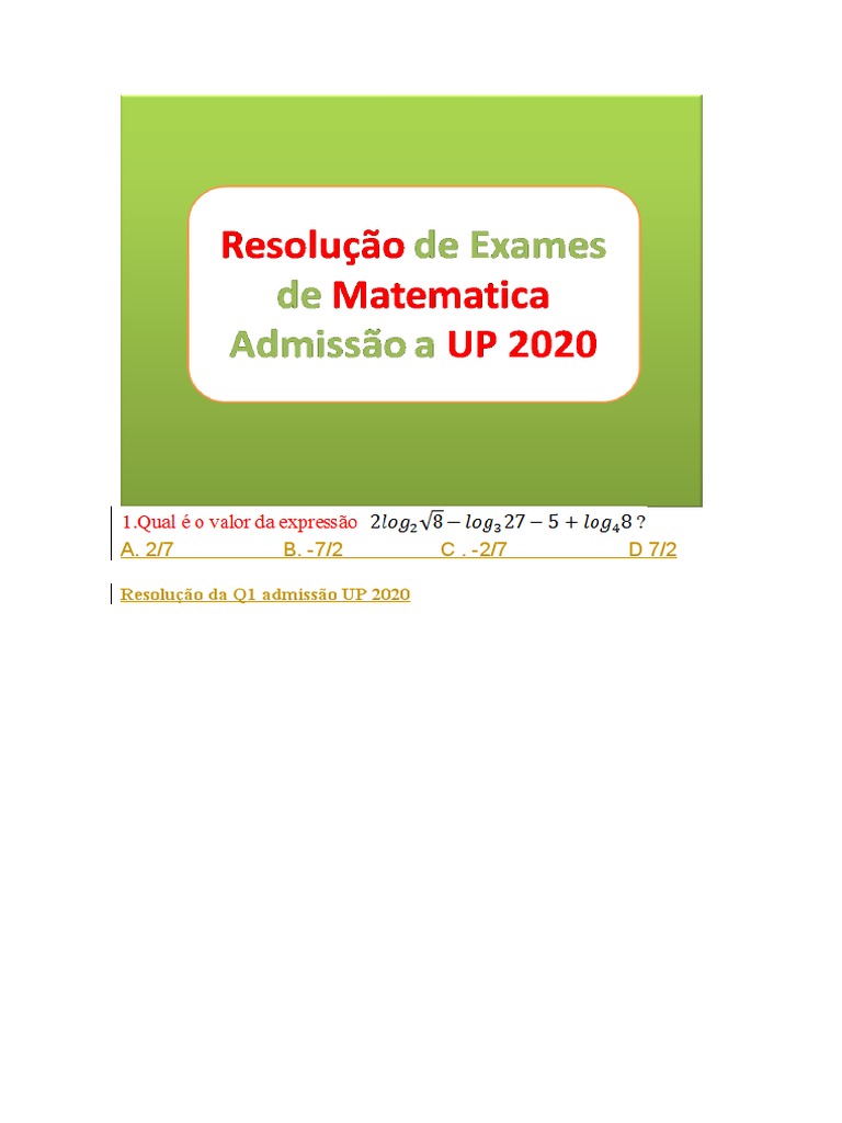 Resolução de Exame de Matemática Admissão Up 2020 | PDF