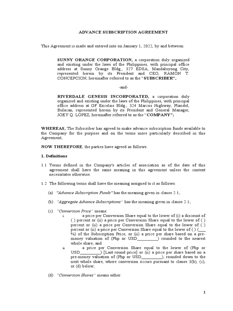 Advance Subscription Agreement | Download Free PDF | Subscription ...