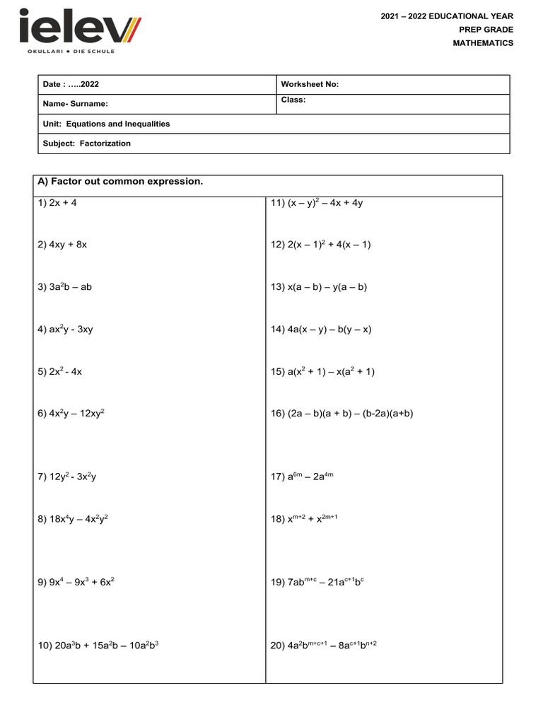 2021 2022 Prep Ws Factorization Pdf Mathematics Algebra