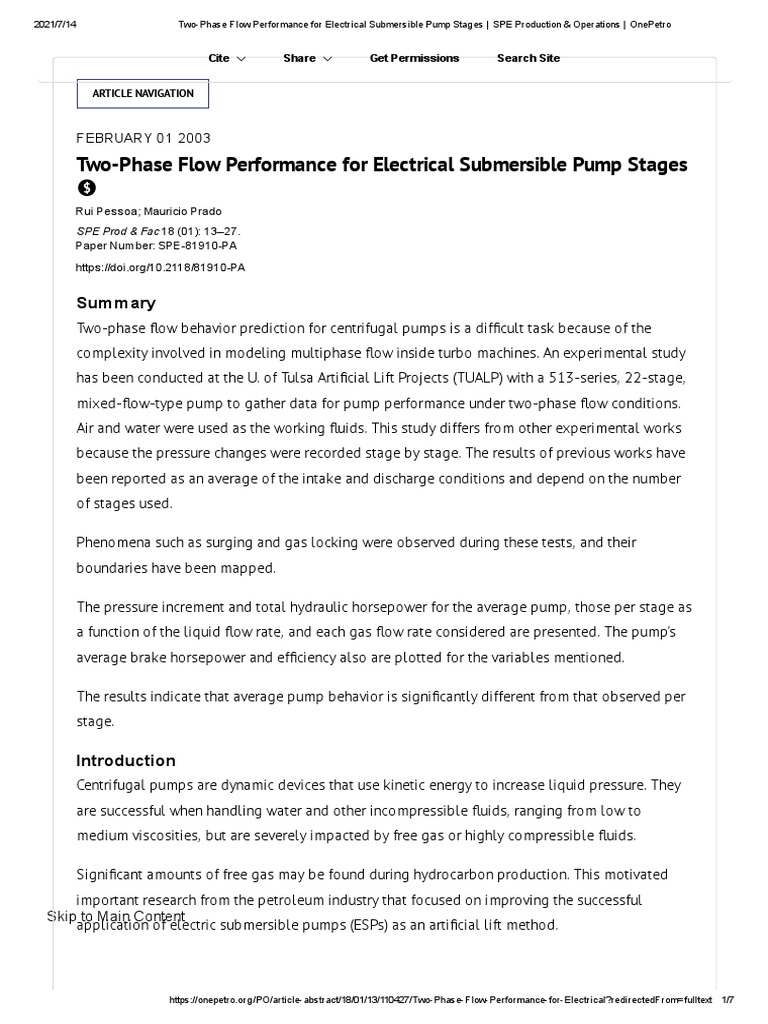 Two-Phase Flow Performance For Electrical Submersible Pump Stages - SPE ...