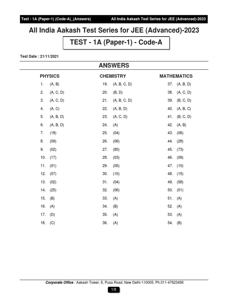 Aiats Jee (A) 2023 Test-1a P-1 (Code-A) Sol Final | PDF