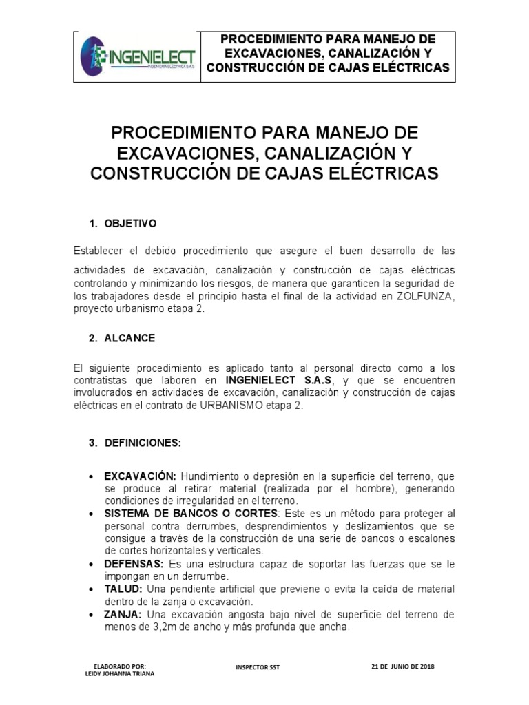 Procedimiento Excavación Ingenielect | PDF | Seguridad y salud ...
