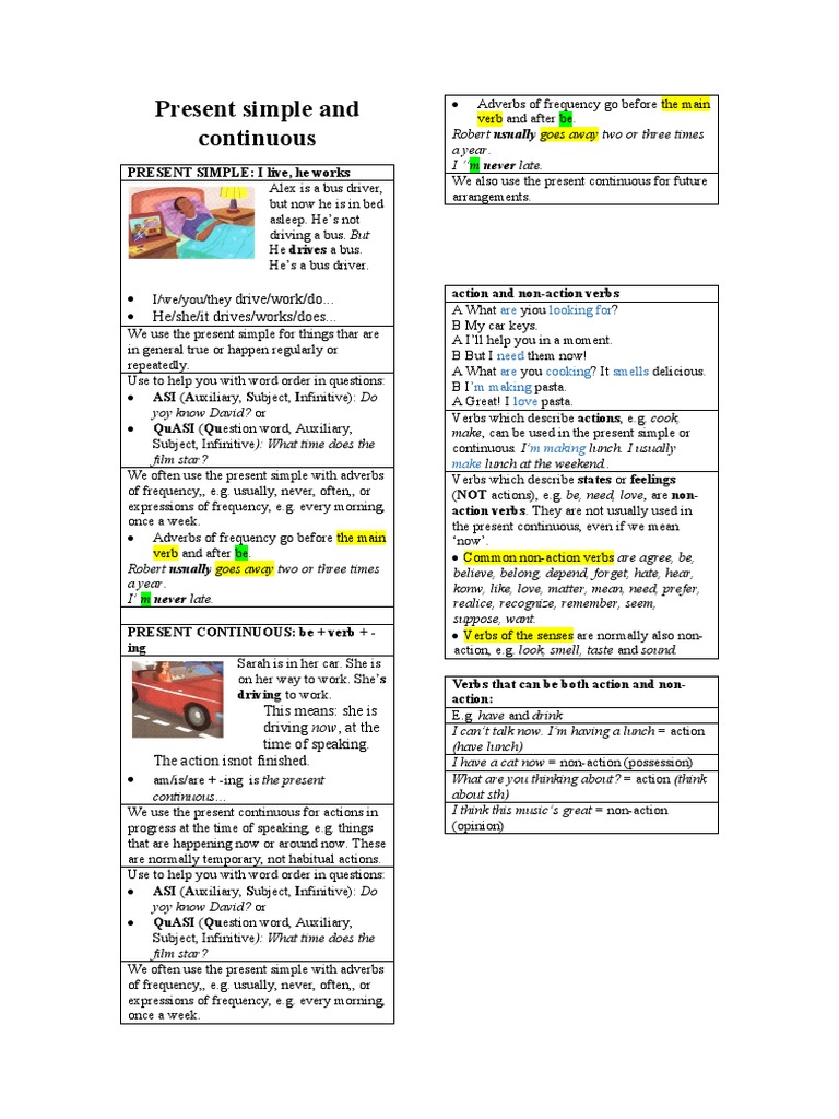 Present Simple and Continuous: Drive/work/do... He/she/it Drives/works ...