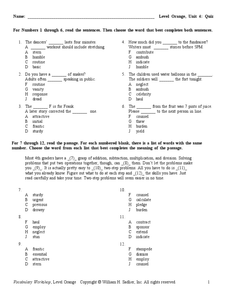 Vocabulary Workshop Level Unit 4 | PDF