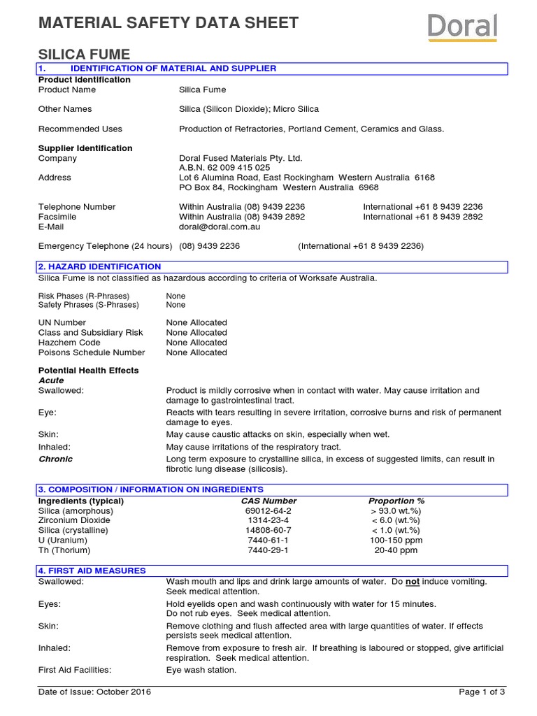 Silica Fume Material Safety Data Sheet | PDF | Silicon Dioxide ...