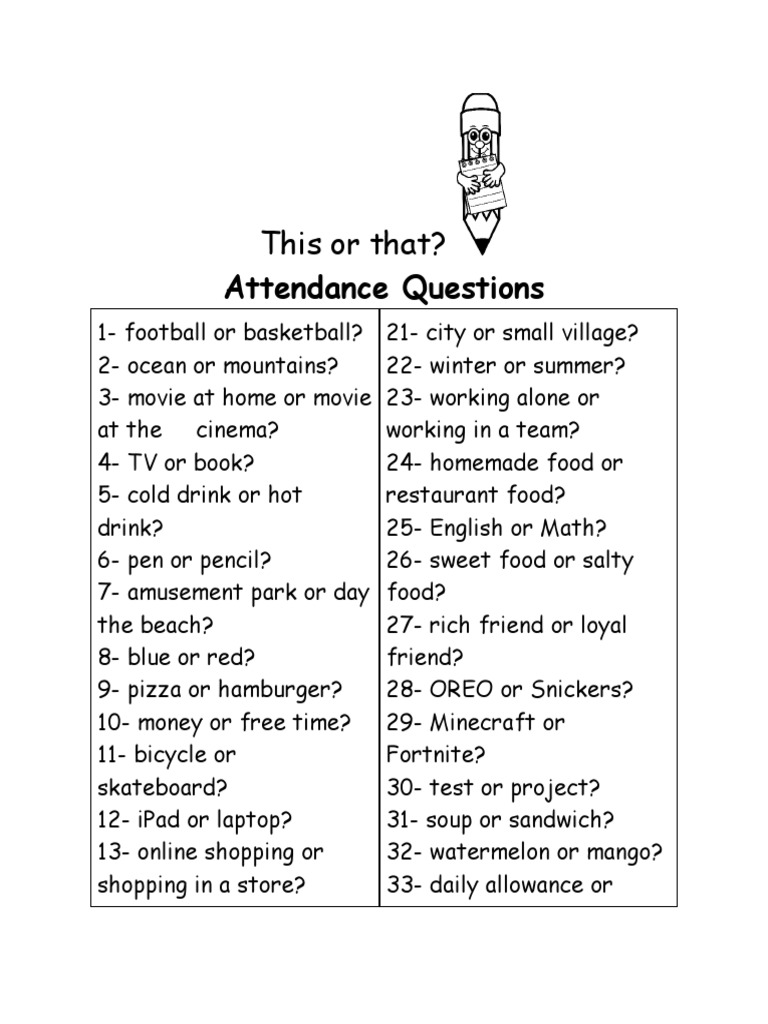 Fun This or That Attendance Questions | PDF