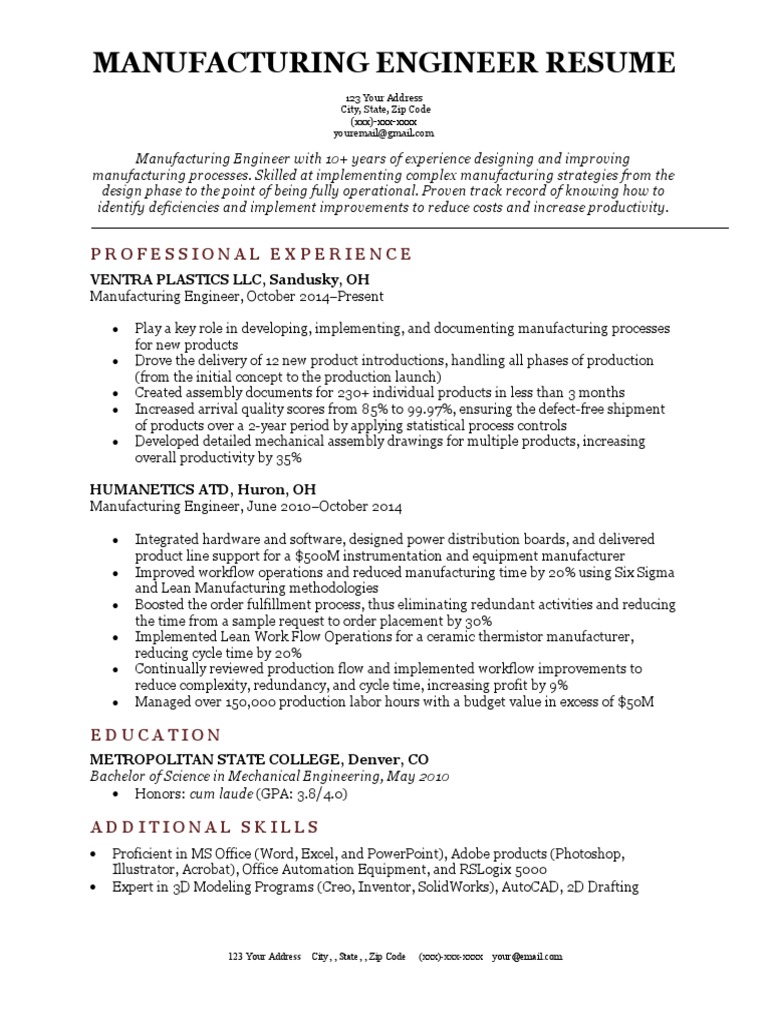 Manufacturing Engineer Resume: Professional Experience | PDF | Lean ...