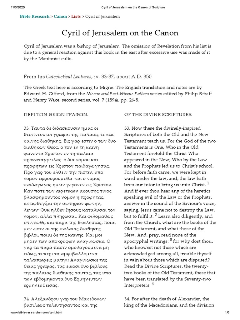 Cyril of Jerusalem On The Canon of Scripture | PDF | Biblical Canon | Bible