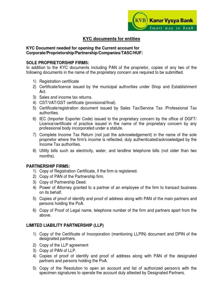 KYC Documents For Entities | PDF | Sole Proprietorship | Law