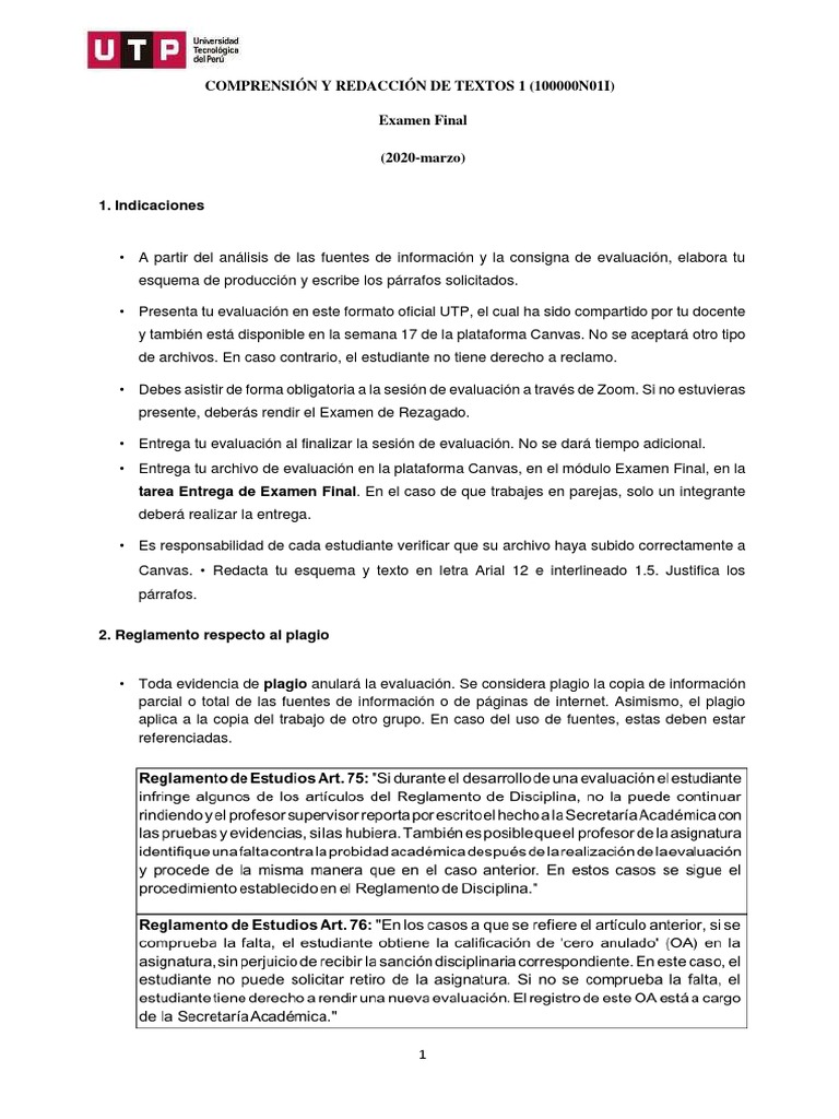 7 COMPRENSIÓN Y REDACCIÓN DE TEXTOS 1-EXAMEN FINAL (Formato Oficial UTP) Reprogragamdo. | PDF ...
