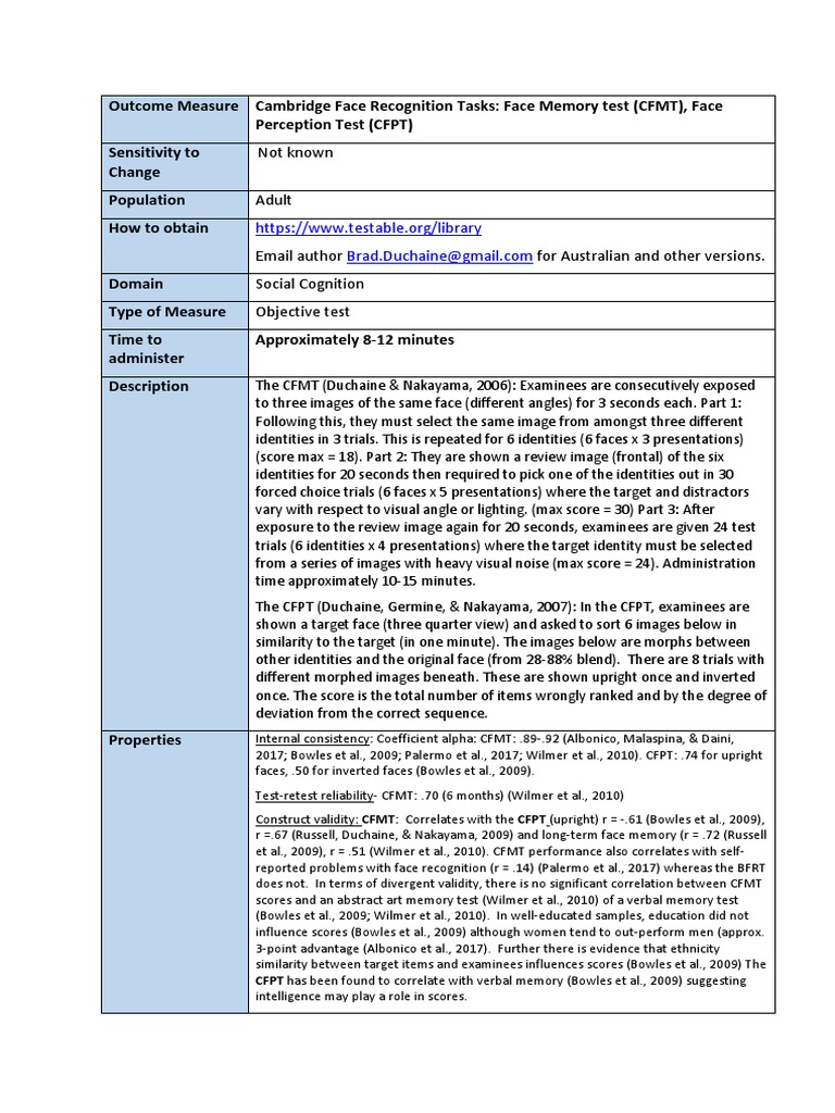 Cambridge Face Recognition Tests Overview | PDF | Neuroscience | Mental ...
