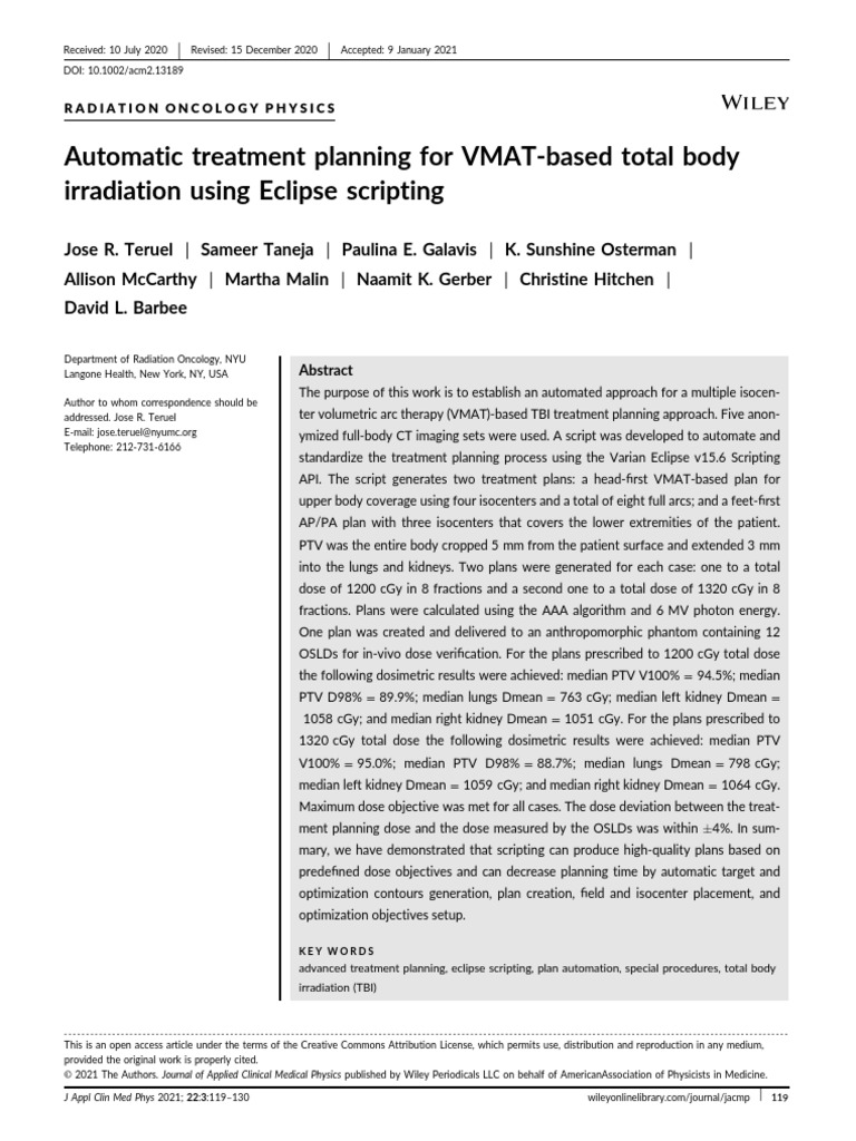 Automatic Treatment Planning For VMAT-based Total | PDF | Radiation ...