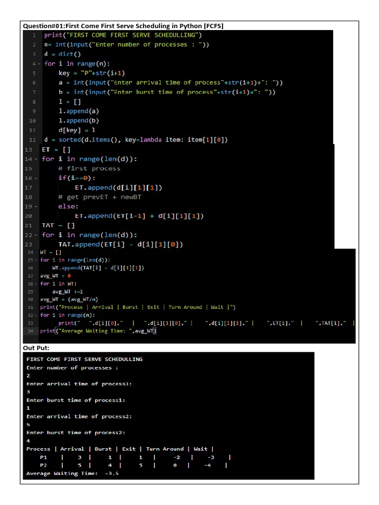Question#01:First Come First Serve Scheduling in Python (FCFS) | PDF