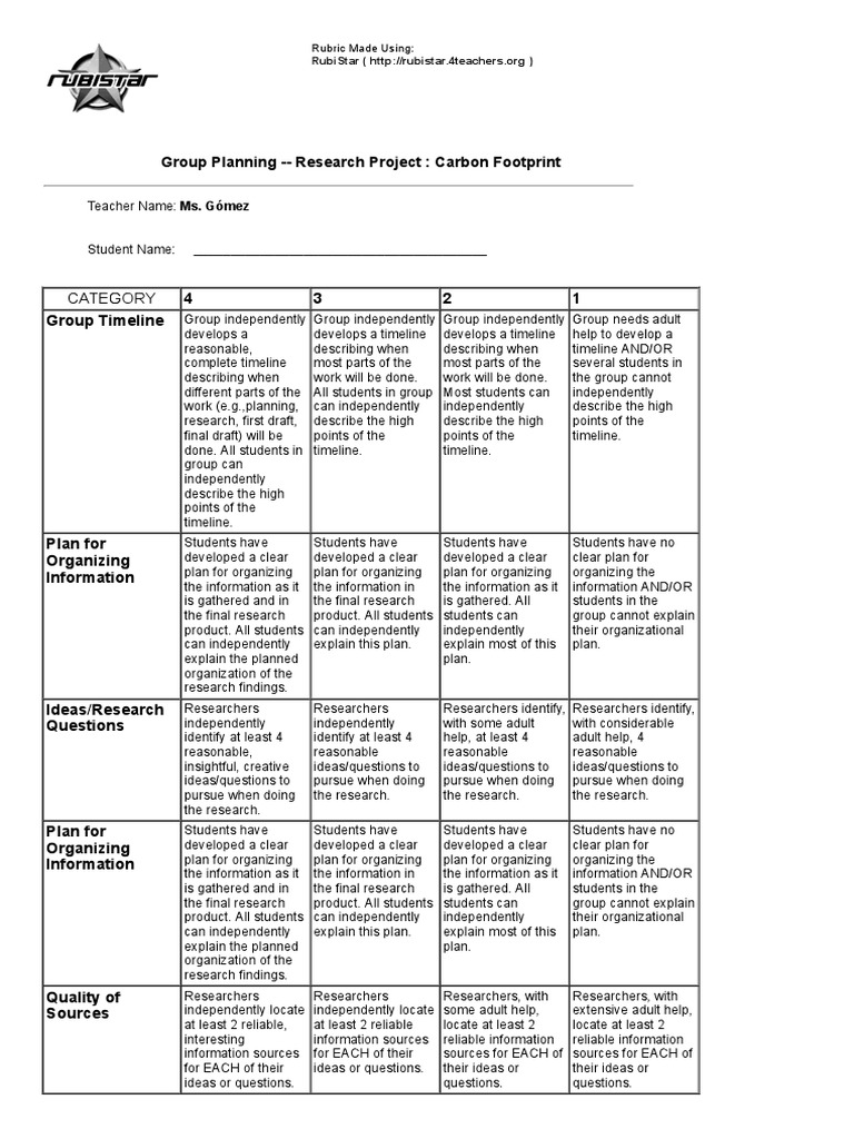 Your Rubric - Group Planning - Research Project - Carbon Footprint ...