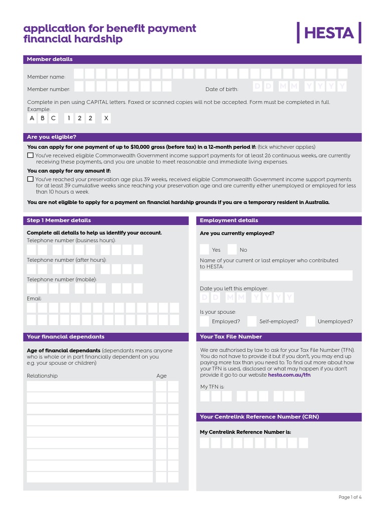 Application For Benefit Payment Financial Hardship: D D M M Y Y Y Y | PDF | Expense | Banks