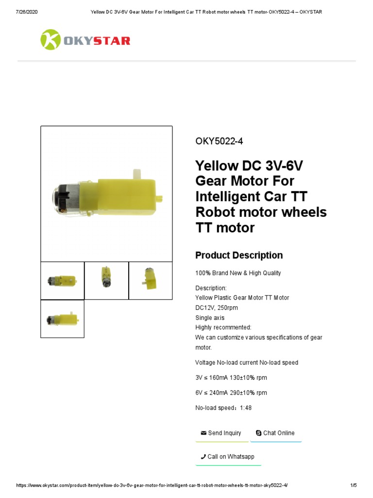 Yellow DC 3V-6V Gear Motor For Intelligent Car TT Robot Motor Wheels TT ...