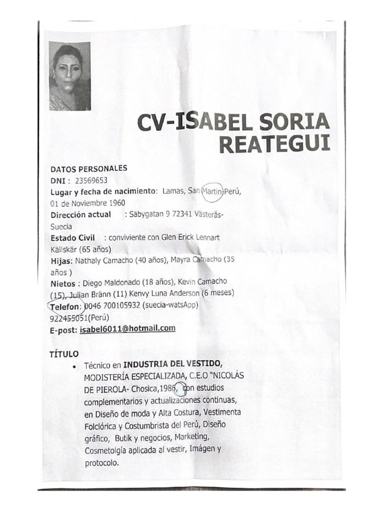 Versión Original Del CV de Isabel Soria Reátegui | PDF