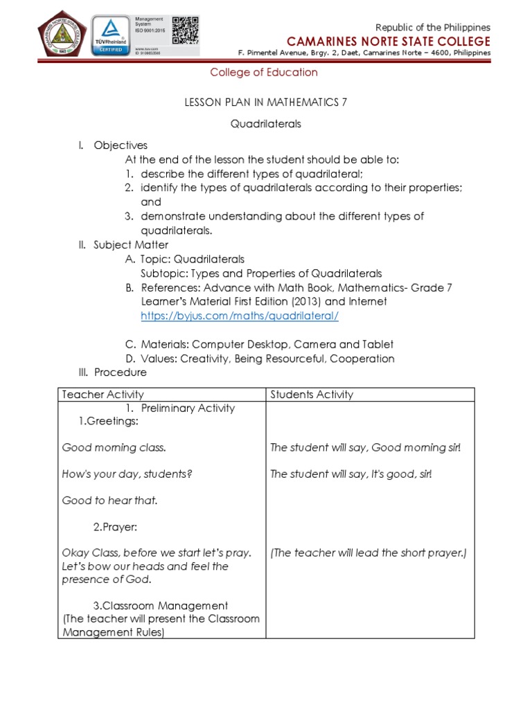 Lesson Plan For Quadrilaterals Day2 | PDF | Rectangle | Geometry