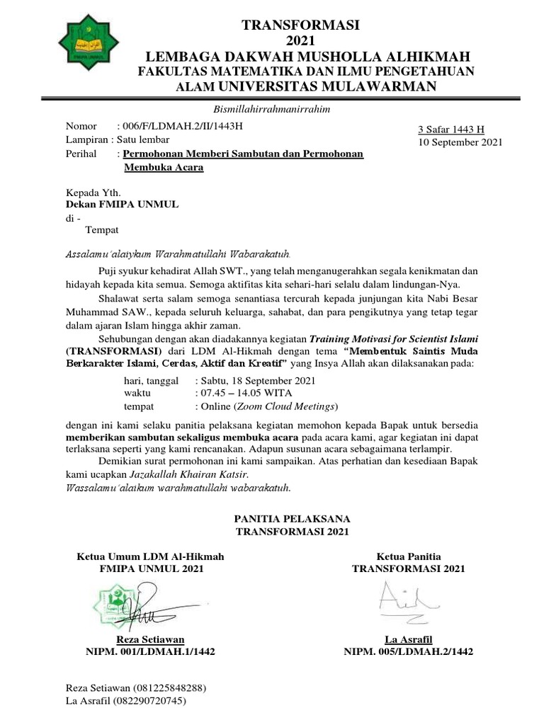 006 Surat Permohonan Sambutan Dan Permohonan Membuka Acara - Dekan | PDF