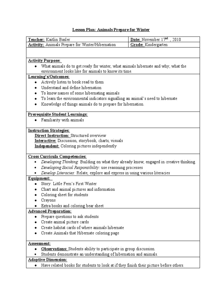Hibernation Activities for Kindergarten | PDF | Lesson Plan | Cognition