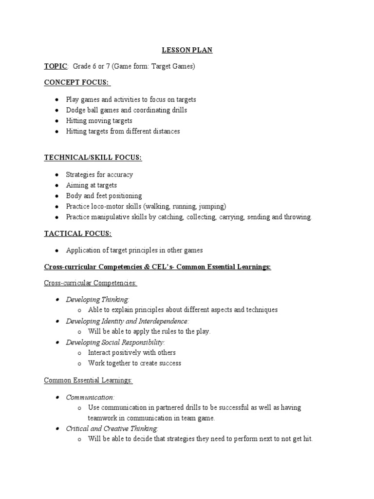 Grade 6-Physical Education-Target Games Lesson | PDF | Lesson Plan ...
