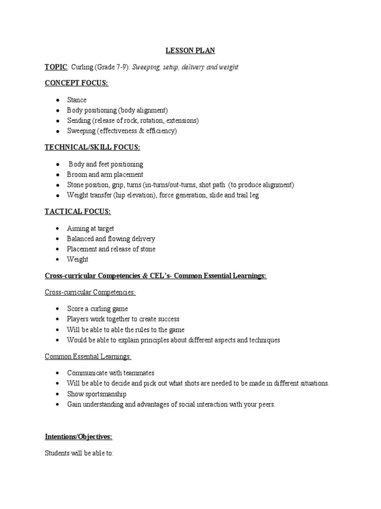 Curling Lesson Plan for Grades 7-9 | PDF | Cognition | Sports