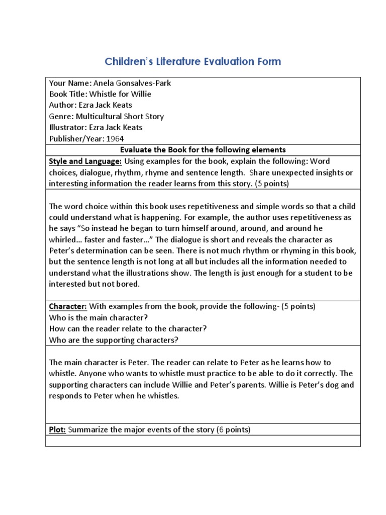 Children's Literature Evaluation: Whistle for Willie | PDF | Color ...