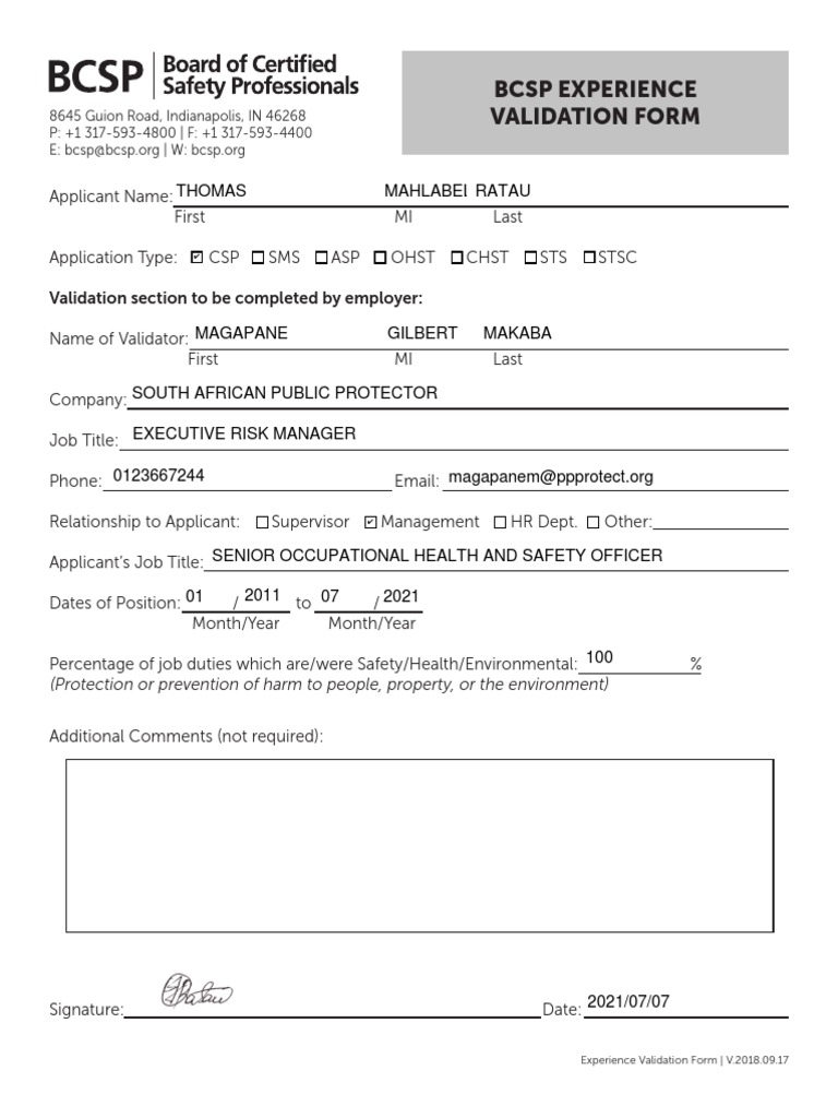 BCSP Experience Validation Form: Ratau Mahlabelele | PDF
