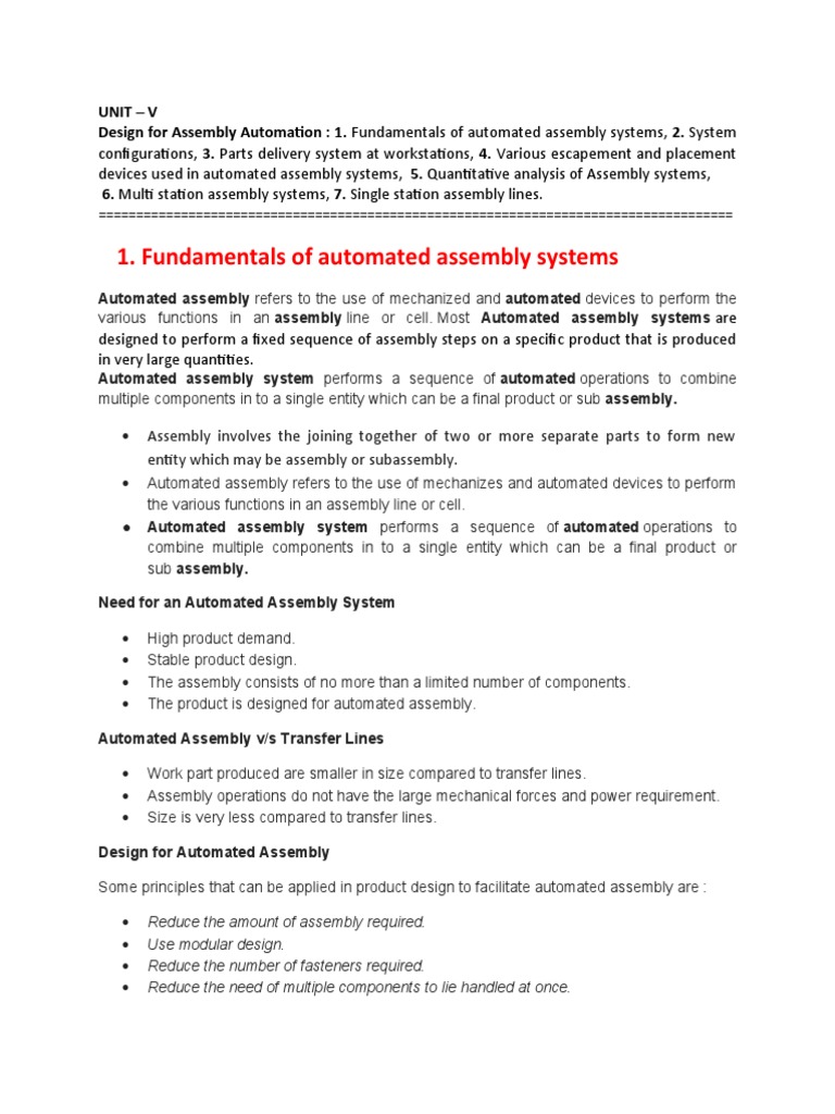 Unit 5 Notes On Design For Assembly Automation | PDF | Automation ...