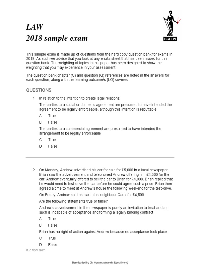 LAW 2018 Sample Exam: Questions | PDF | Law Of Agency | Vicarious Liability