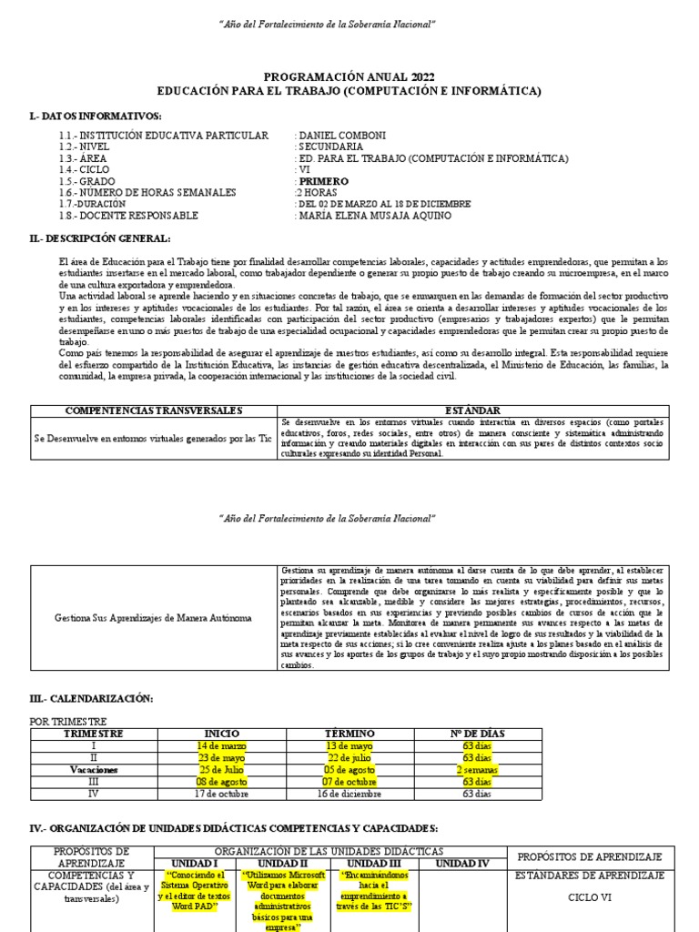 1 Programacion Anual Ept Primero | PDF | Aprendizaje | Evaluación