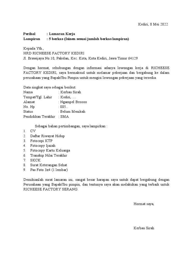 Perihal: Lamaran Kerja Lampiran: 5 Berkas (Isinen Sesuai Jumlah Berkas ...