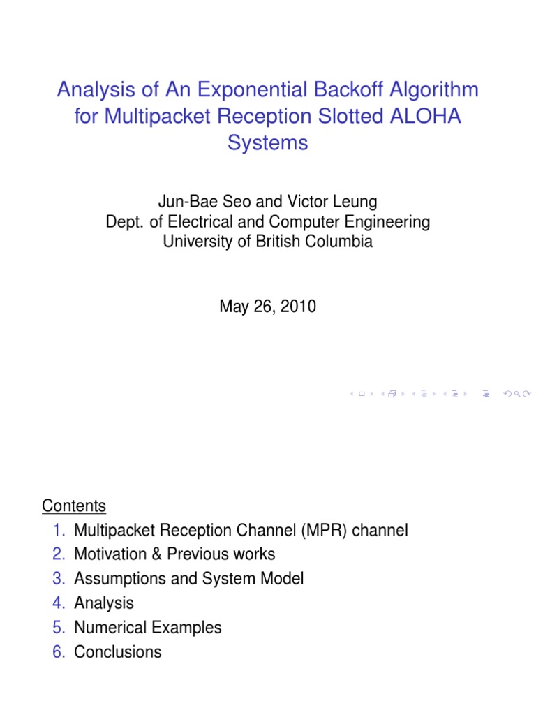 Analysis of An Exponential Backoff Algorithm For Multipacket Reception Slotted ALOHA Systems ...