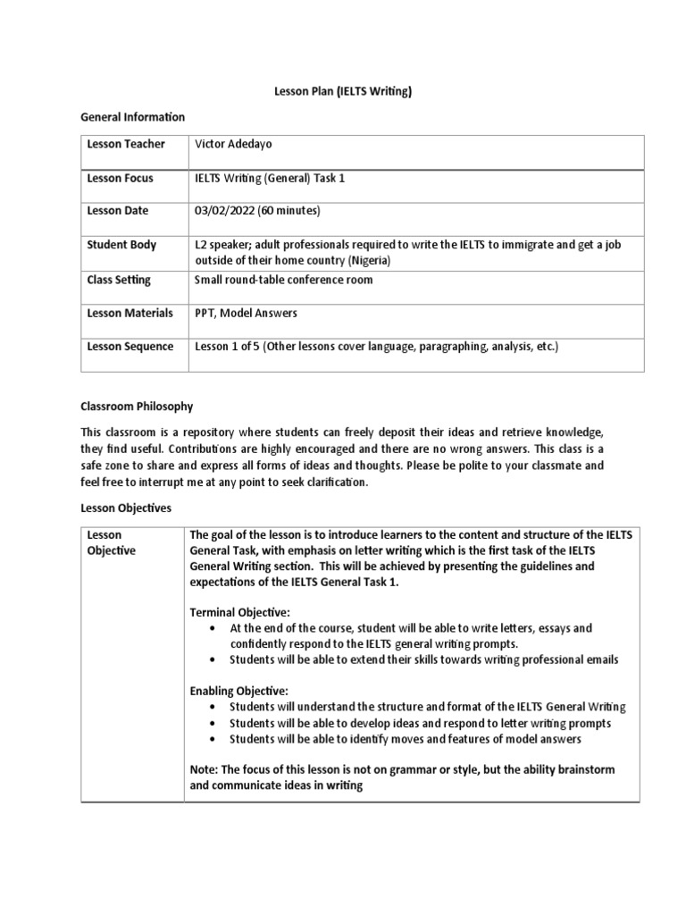 Lesson Plan Teaching Ielts Writing Autorecovered | Download Free PDF ...