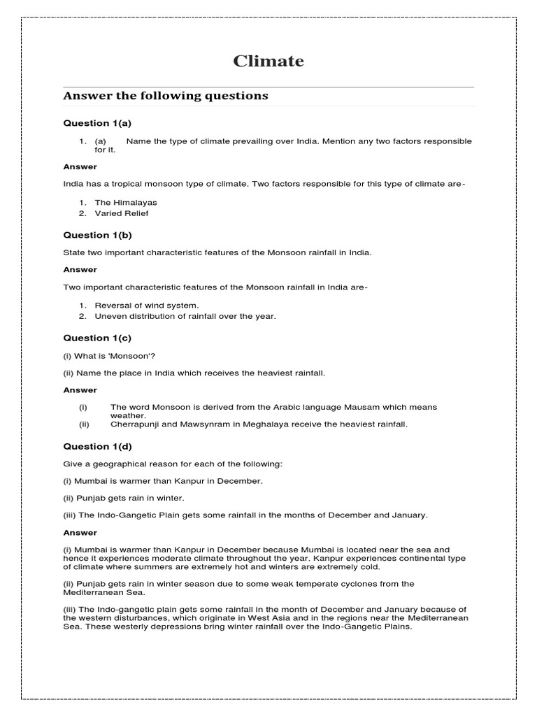 Climate: Answer The Following Questions | PDF | Monsoon | Rain