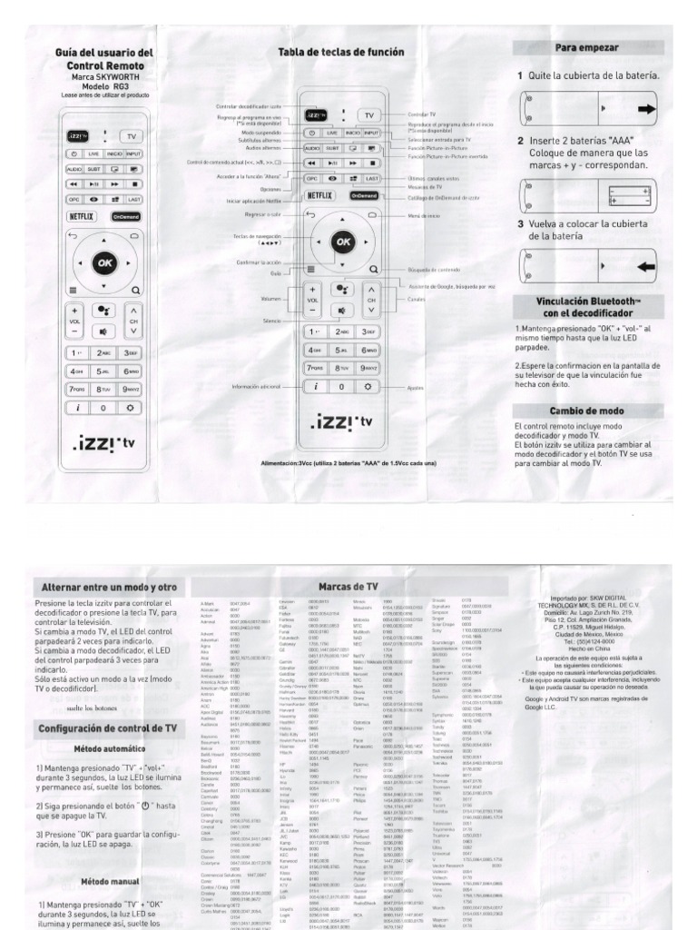 CÓDIGOS+Manual Control Remoto Izzi Unlimited SKYWORTH RG3 | PDF