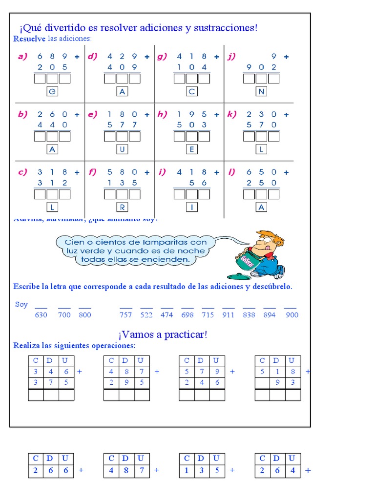 Sumas y Restas de Números de 3 Cifras para Primer Grado de Primaria ...
