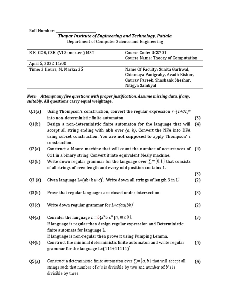 UCS701 Theory of Computation MST | PDF | Regular Expression | Mathematical Logic