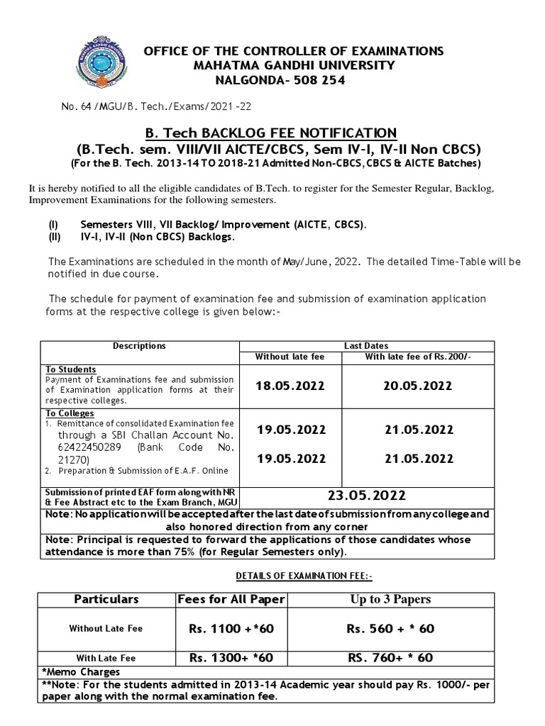 B.Tech Backlog Exam Fee Notice | PDF | University And College Admission