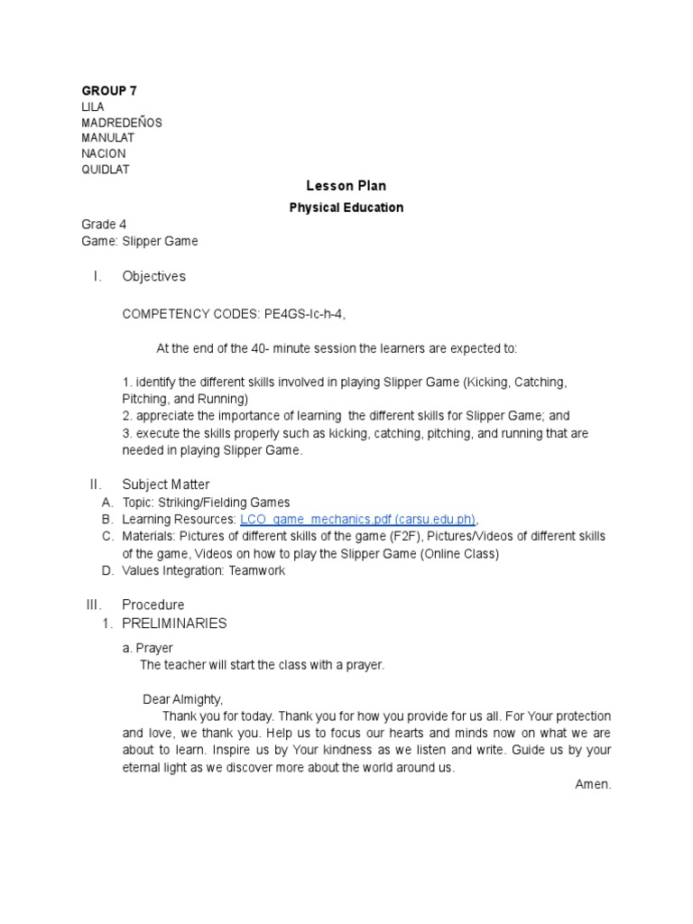 PE Lesson Plan | PDF | Lesson Plan | Teachers