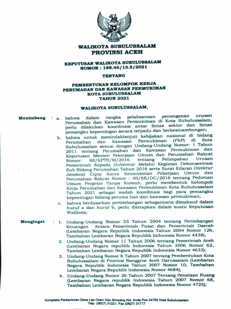 SK Pokja PKP 2021 Kota Subulussalam Aceh | PDF