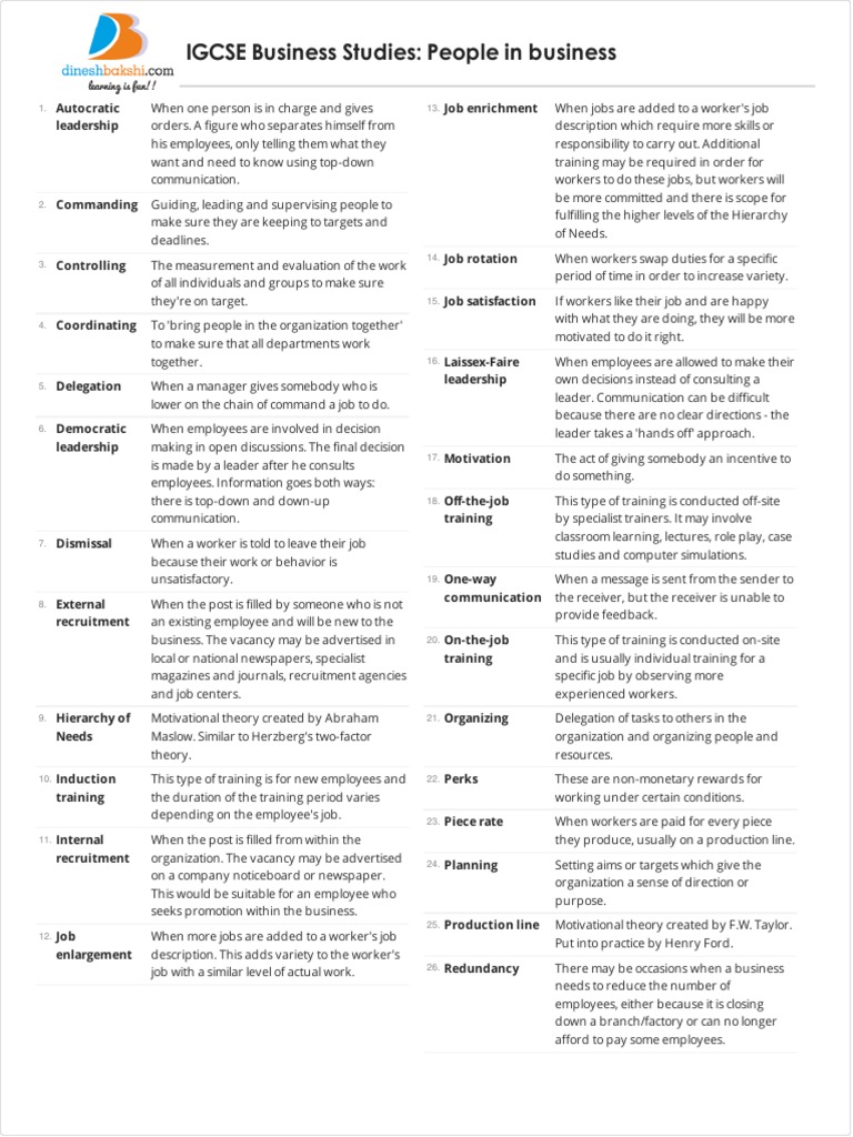IGCSE Business Studies: People in Business: Study Online at | PDF ...